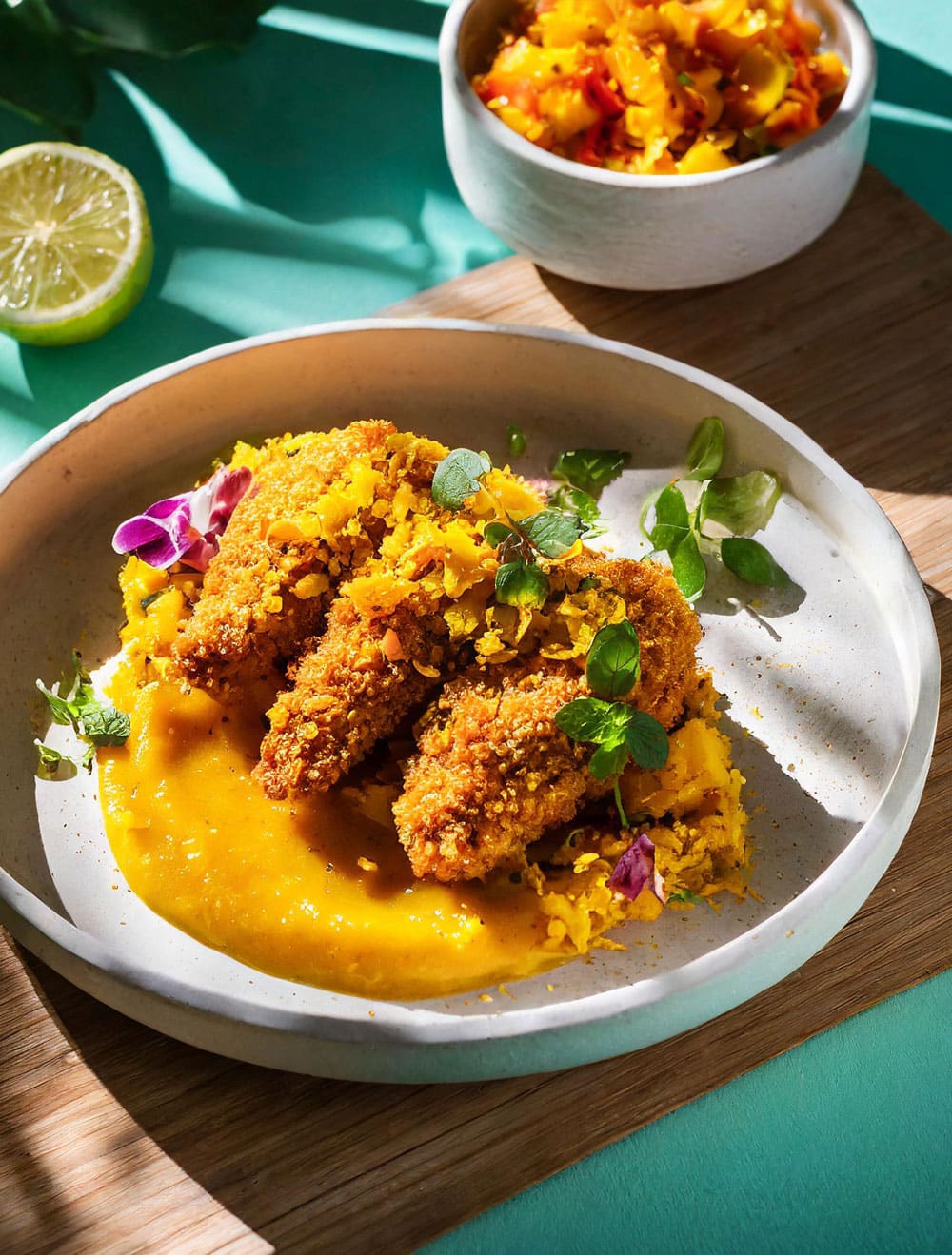 Mango masala chicken with Bhaji crumb - Greenfields Herbs and Spices